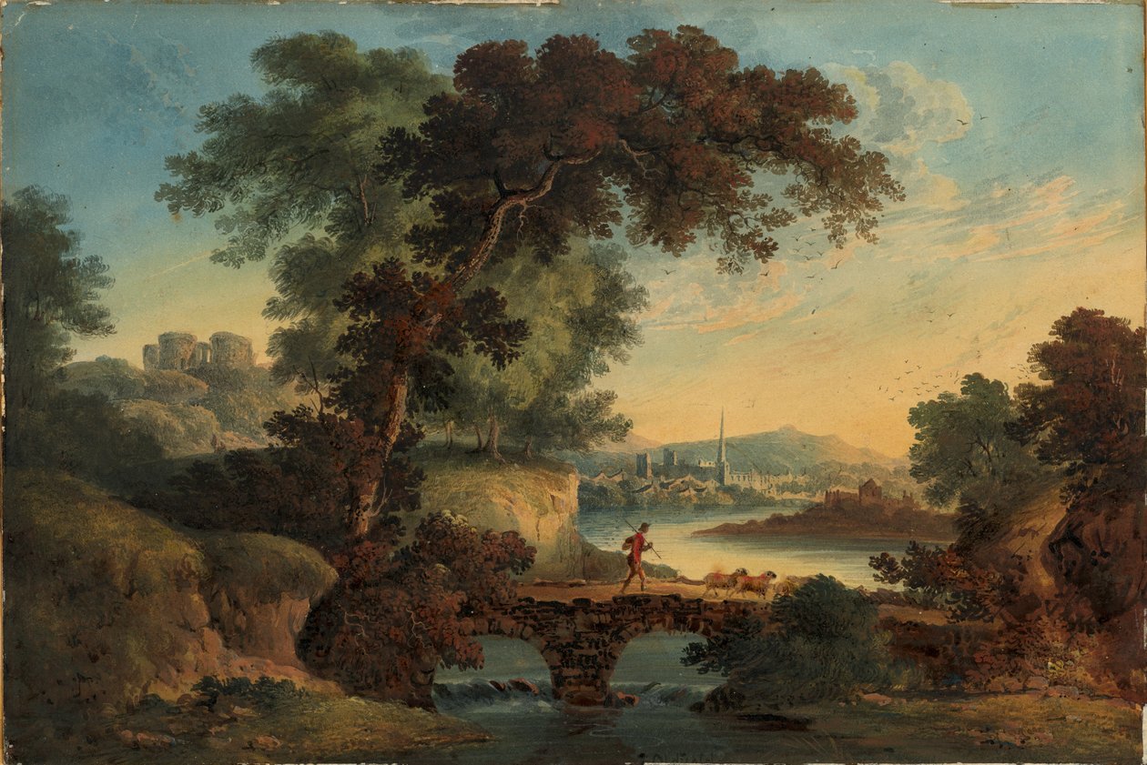 Landschaft mit Schloss und Brücke von John Oldfield